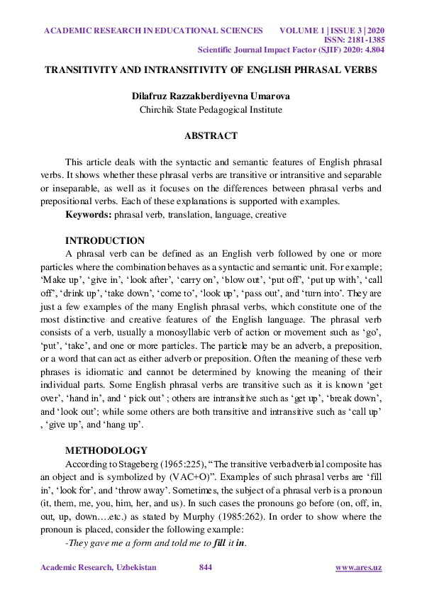 (PDF) Transitivity and Intransitivity of English Phrasal Verbs