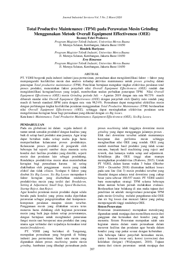 (PDF) Total Productive Maintenance (TPM) pada Perawatan Mesin Grinding Menggunakan Metode ...