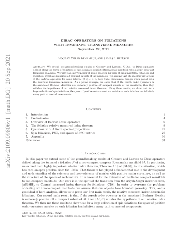 (PDF) Dirac operators on foliations with invariant transverse measures