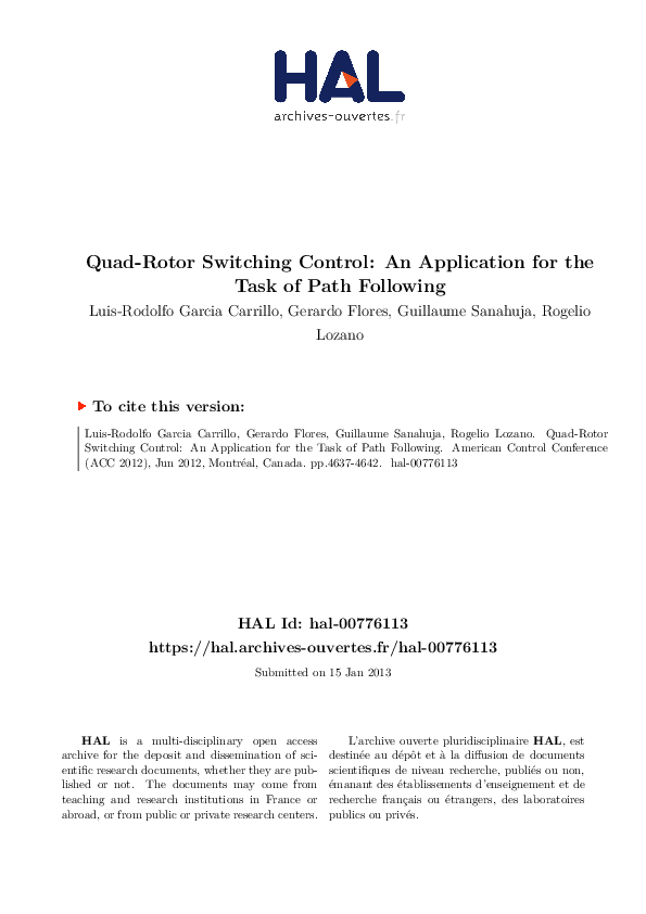 (PDF) Quad-rotor switching control: An application for the task of path following | Luis ...