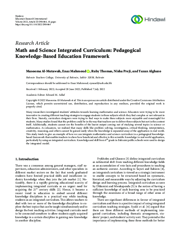 (PDF) Math and Science Integrated Curriculum: Pedagogical Knowledge ...