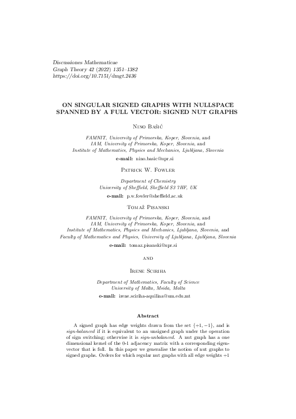Pdf On Singular Signed Graphs With Nullspace Spanned By A Full Vector Signed Nut Graphs