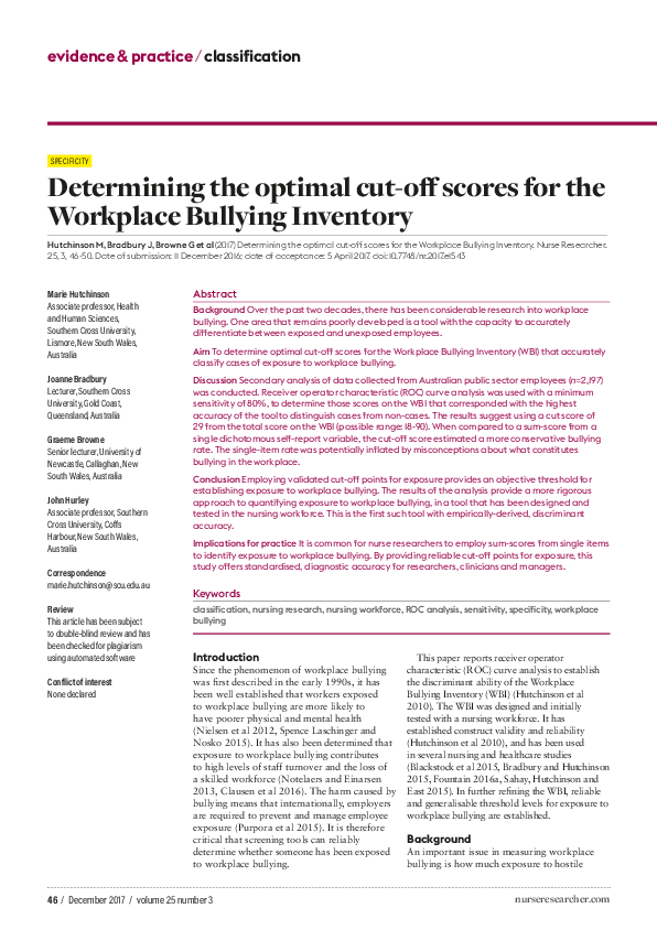 (PDF) Determining the optimal cut-off scores for the Workplace Bullying ...