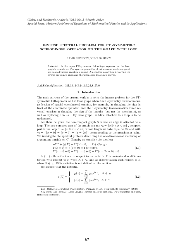 Pdf Inverse Spectral Problem For Pt Symmetric Schrodinger Operator On The Graph With Loop