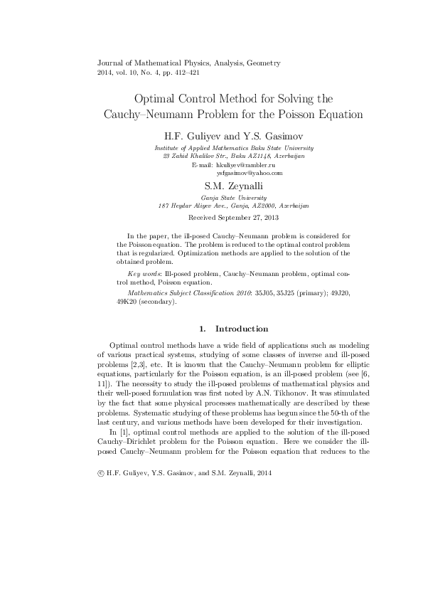 Pdf Optimal Control Method For Solving The Cauchy Neumann Problem For The Poisson Equation