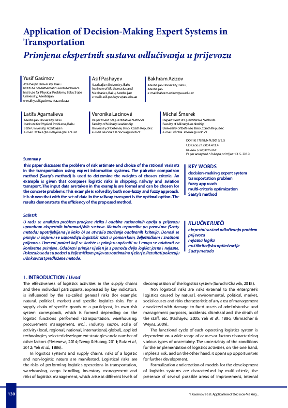 (PDF) Application of Decision-Making Expert Systems in Transportation