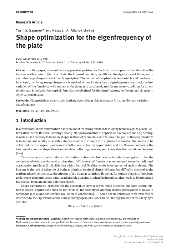 (PDF) Shape optimization for the eigenfrequency of the plate