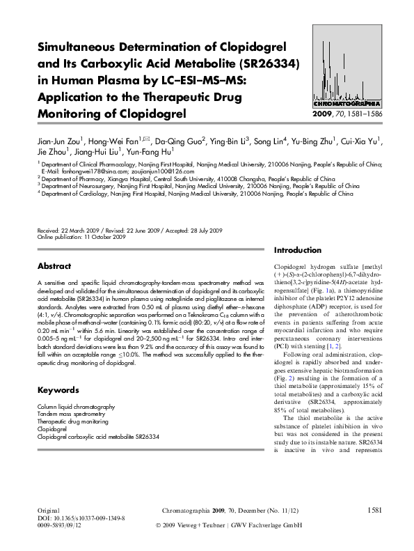 (PDF) Simultaneous Determination of Clopidogrel and Its Carboxylic Acid Metabolite (SR26334) in ...