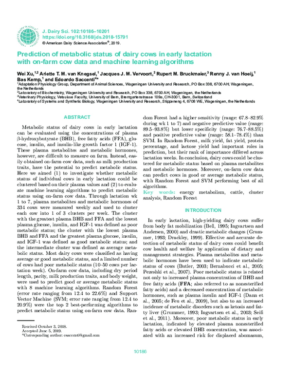 (PDF) Prediction of metabolic status of dairy cows in early lactation with on-farm cow data and ...