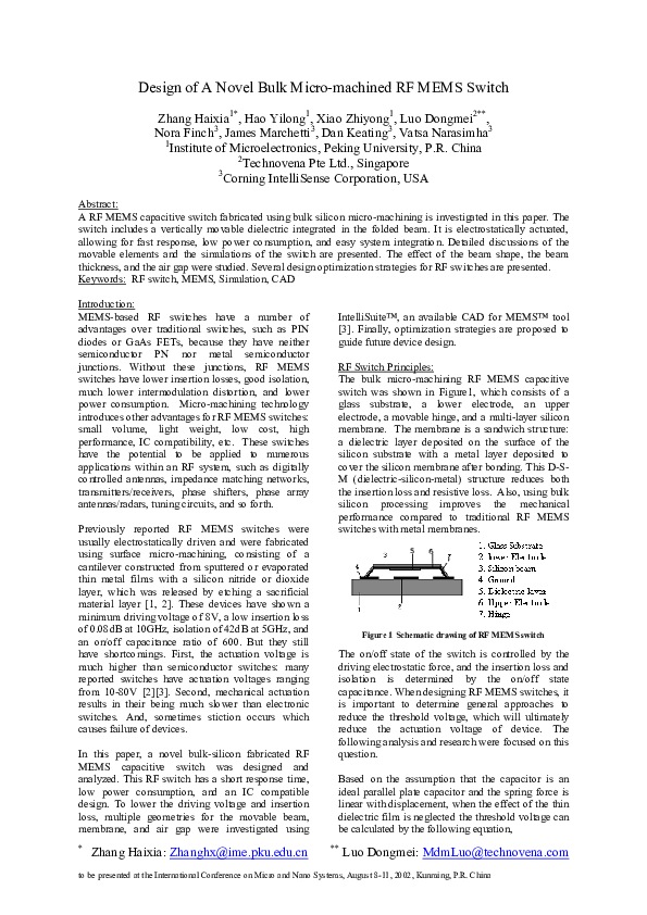 Pdf Design Of A Novel Bulk Micro Machined Rf Mems Switch Zhang Haixia