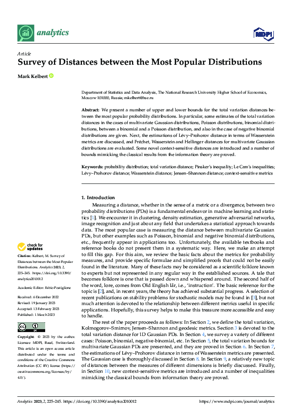 (PDF) Survey of Distances between the Most Popular Distributions