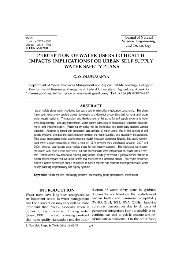 (PDF) Perception of Water Users to Health Impacts: Implications for ...