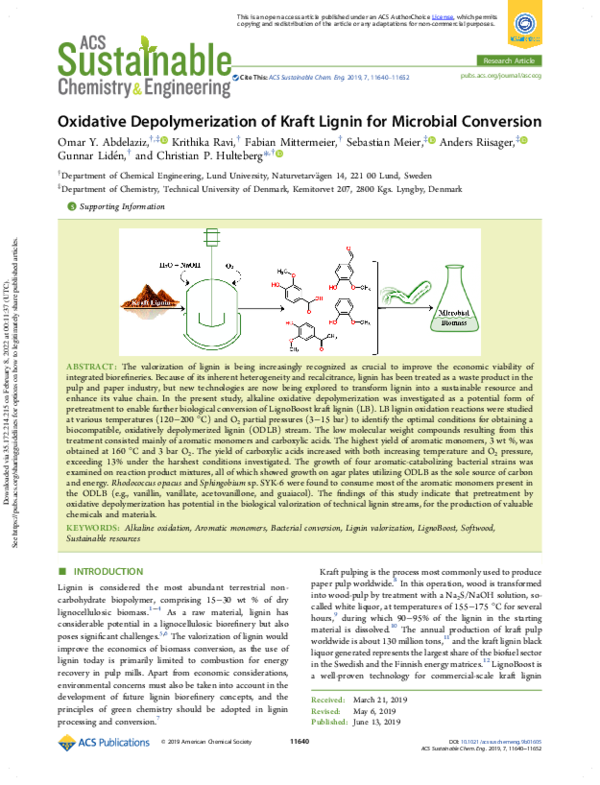 (PDF) Oxidative Depolymerization of Kraft Lignin for Microbial Conversion