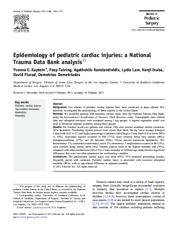 (PDF) Epidemiology of pediatric cardiac injuries: a National Trauma ...