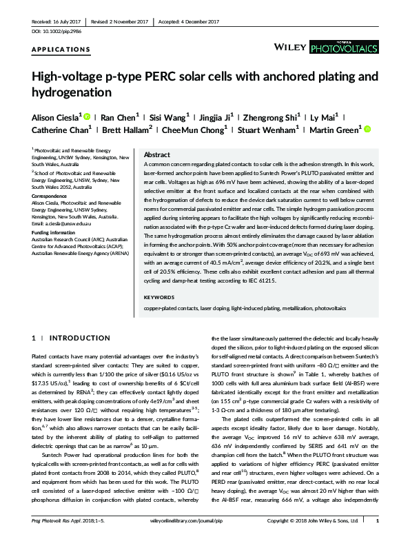 (PDF) High-voltage p-type PERC solar cells with anchored plating and ...