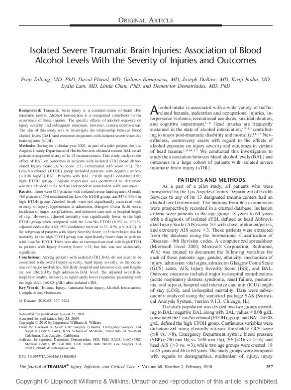 (PDF) Isolated Severe Traumatic Brain Injuries: Association of Blood ...