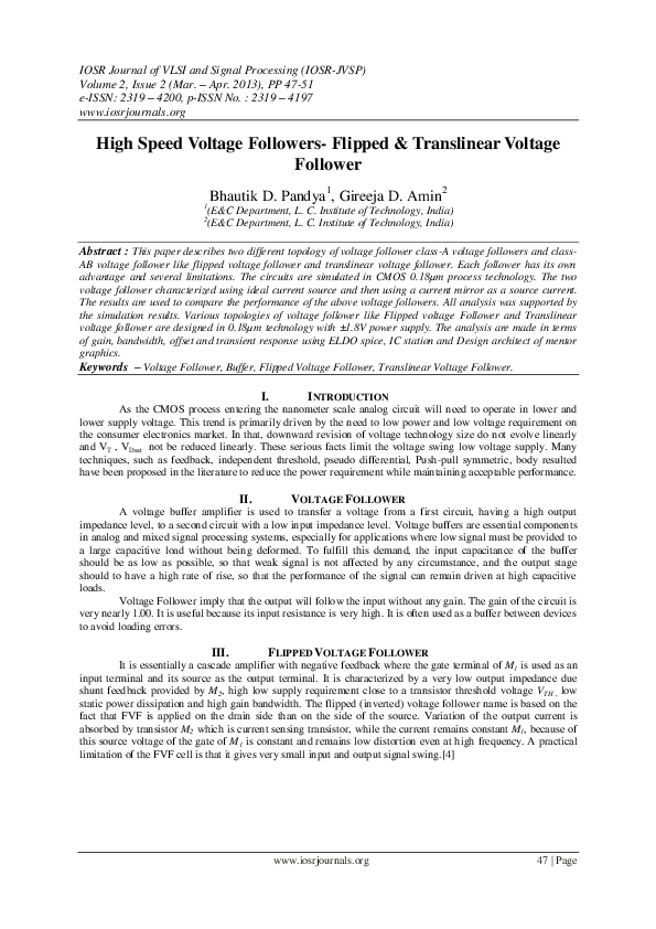 (PDF) High Speed Voltage Followers- Flipped & Translinear Voltage Follower