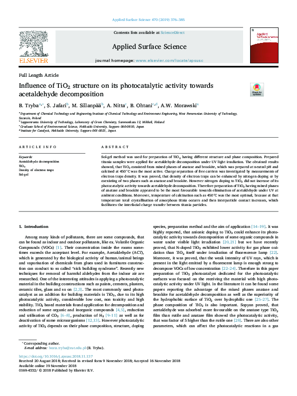 (PDF) Influence of TiO2 structure on its photocatalytic activity towards acetaldehyde decomposition