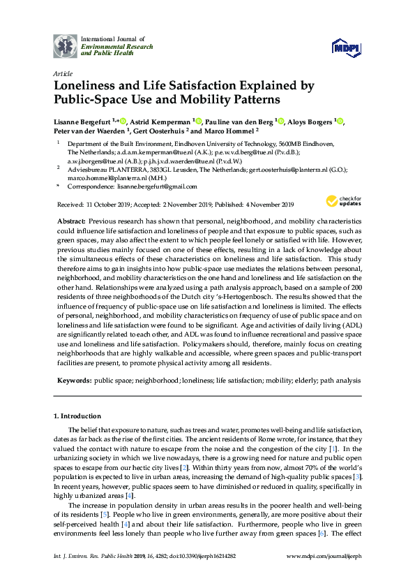 (PDF) Loneliness and Life Satisfaction Explained by Public-Space Use and Mobility Patterns