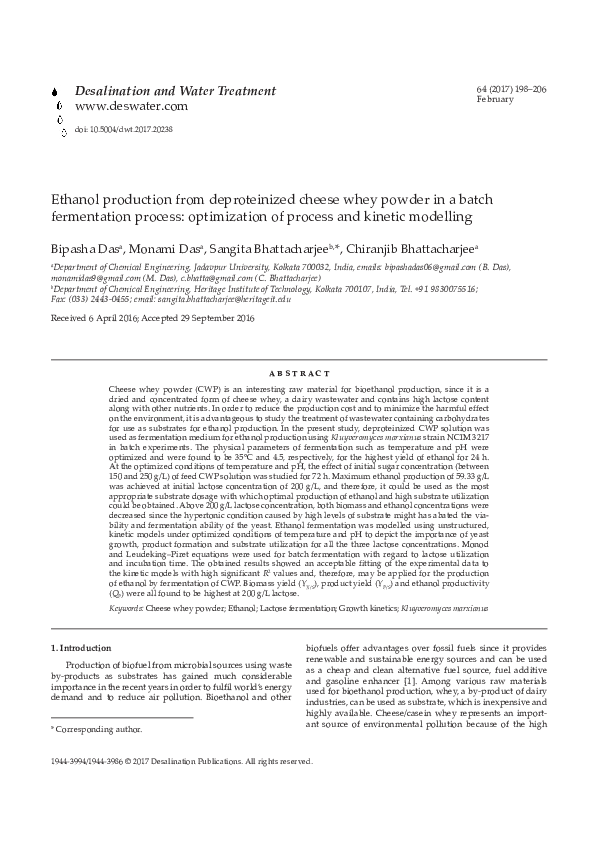 Pdf Ethanol Production From Deproteinized Cheese Whey Powder In A Batch Fermentation Process