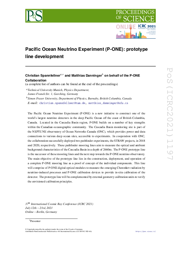 (PDF) Pacific Ocean Neutrino Experiment (P-ONE): prototype line development