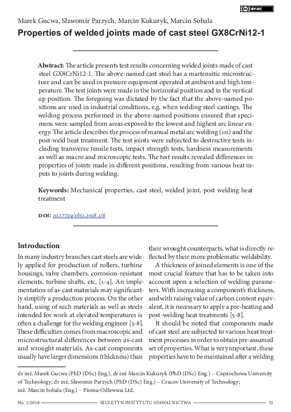 (PDF) Properties of welded joints made of cast steel GX8CrNi12-1