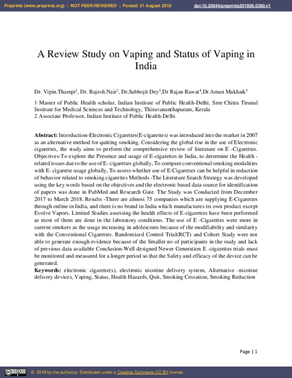 (PDF) A Review Study on Vaping and Status of Vaping in India
