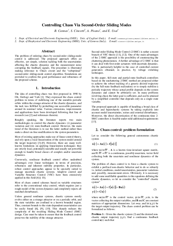 Pdf Second Order Sliding Modes For Chaos Control