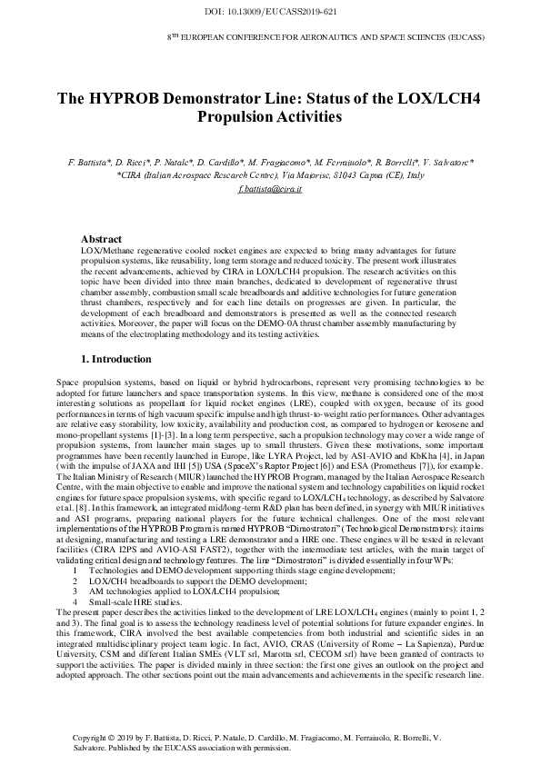 (PDF) The HYPROB Demonstrator line: status of the LOX/LCH4 propulsion activities | Francesco ...