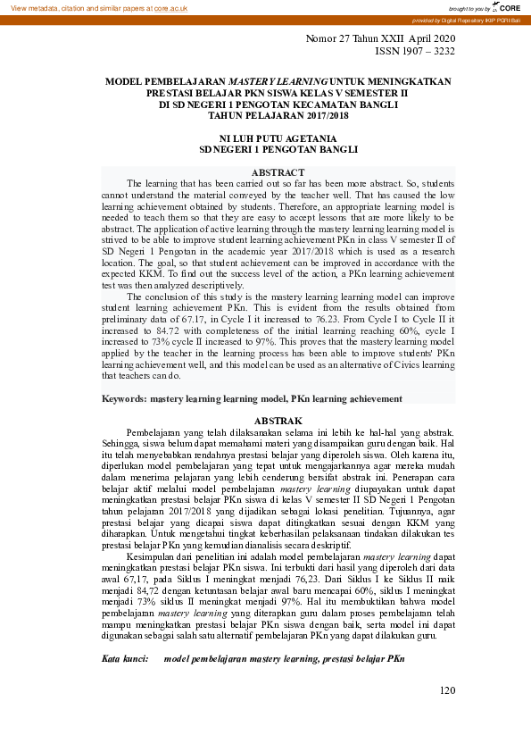 (PDF) Model Pembelajaran Mastery Learning Untuk Meningkatkan Prestasi Belajar PKN Siswa Kelas V ...