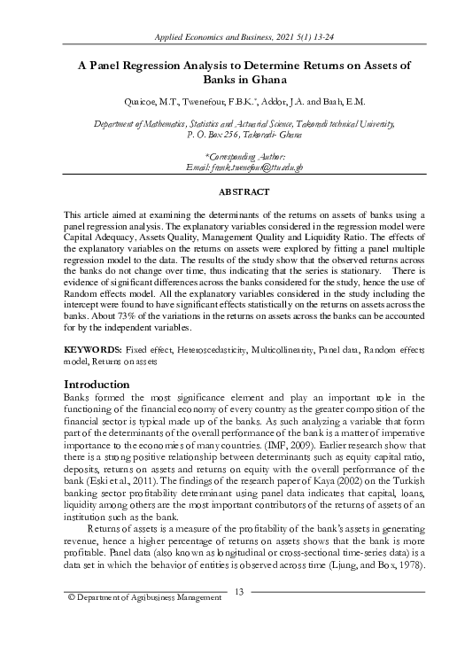 (PDF) A Panel Regression Analysis to Determine Returns on Assets of ...
