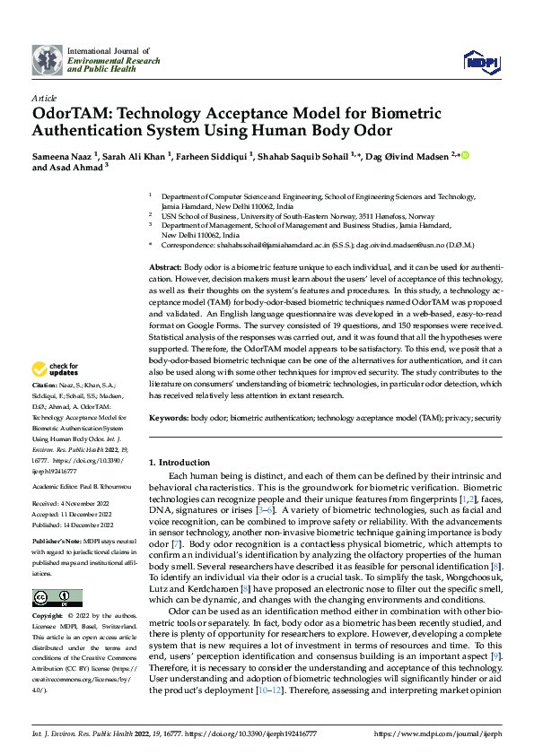 (PDF) OdorTAM: Technology Acceptance Model for Biometric Authentication System Using Human Body Odor