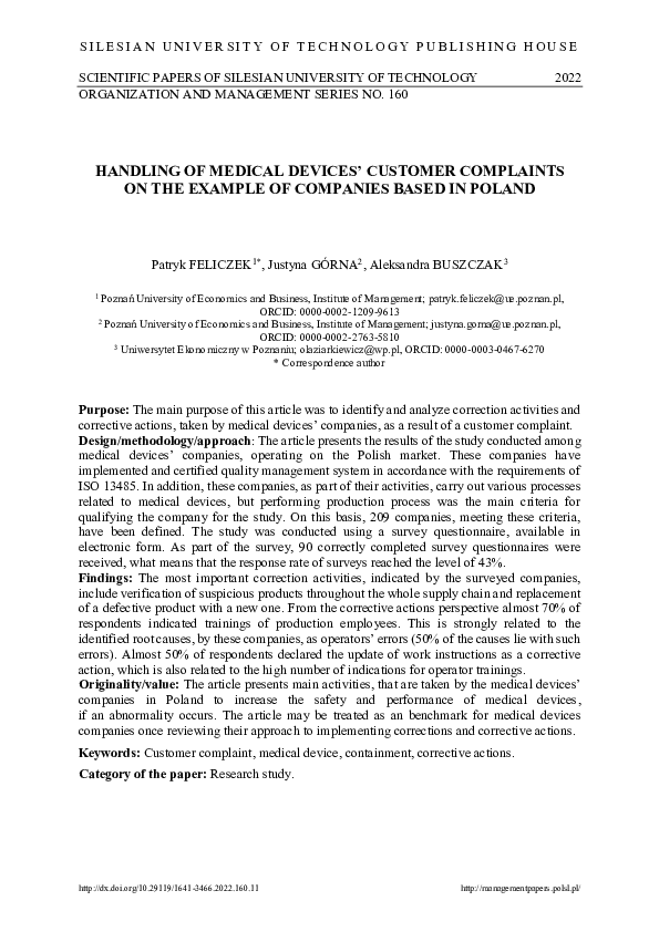 (PDF) Handling of medical devices’ customer complaints on the example ...