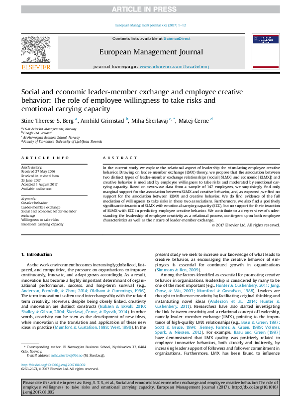 (PDF) Social and economic leader–member exchange and employee creative ...