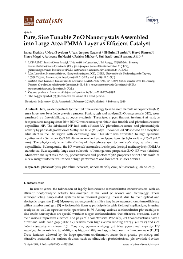 (PDF) Pure, Size Tunable ZnO Nanocrystals Assembled into Large Area ...