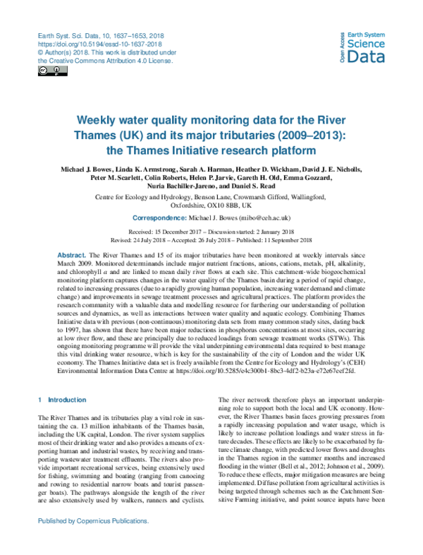 (PDF) Weekly water quality monitoring data for the River Thames (UK ...