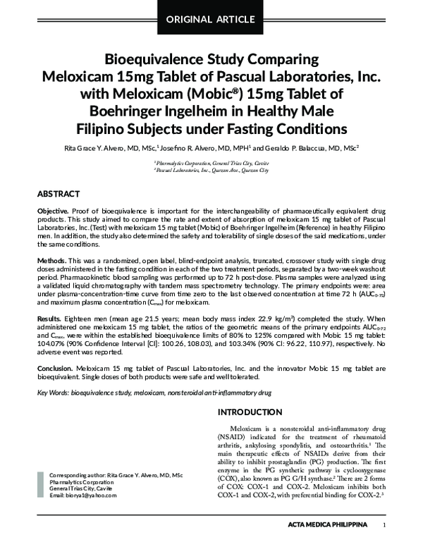 (PDF) Bioequivalence Study Comparing Meloxicam 15mg Tablet of Pascual ...