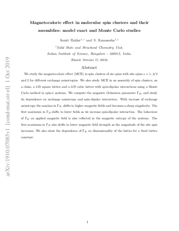 (PDF) Magnetocaloric effect in molecular spin clusters and their assemblies: Exact and Monte ...