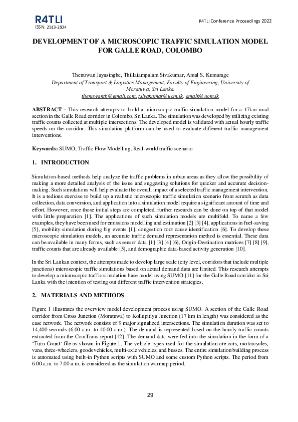 (PDF) DEVELOPMENT OF A MICROSCOPIC TRAFFIC SIMULATION MODEL FOR GALLE ROAD, COLOMBO