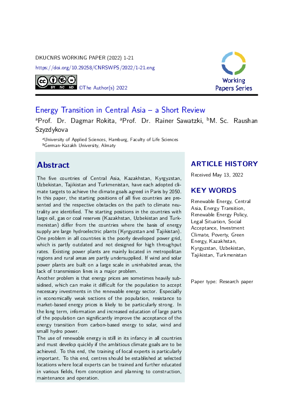 (PDF) Energy Transition in Central Asia: a Short Review
