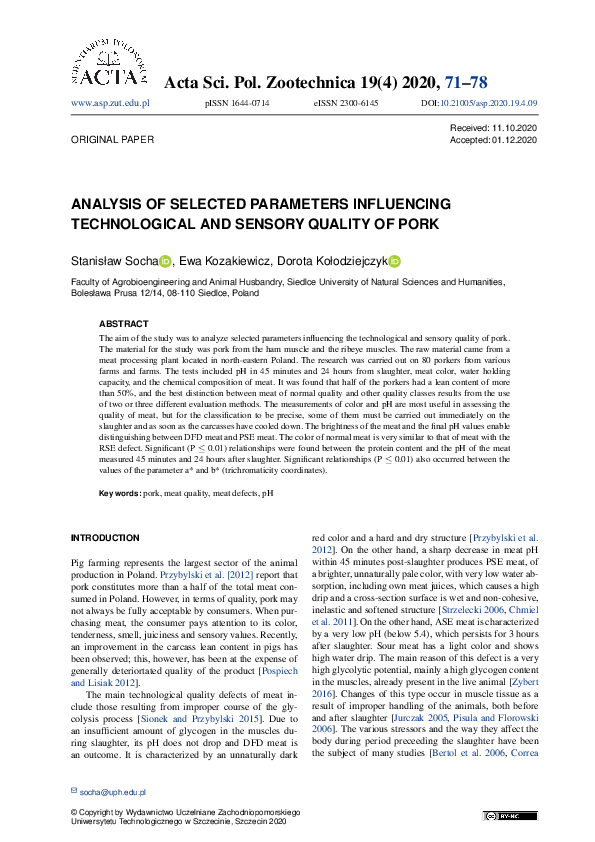 (PDF) Analysis of selected parameters influencing the technological and sensory quality of pork