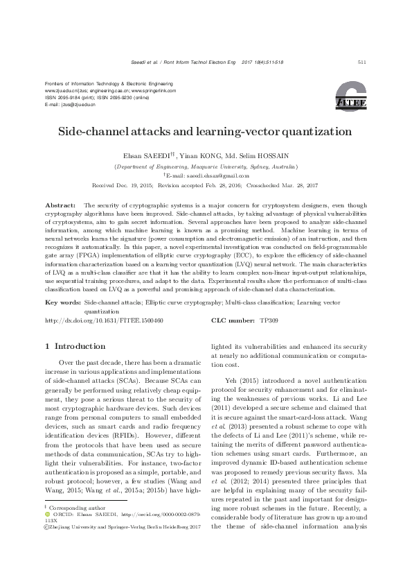 (PDF) Side-channel attacks and learning-vector quantization