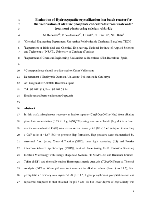 (PDF) Evaluation of hydroxyapatite crystallization in a batch reactor ...