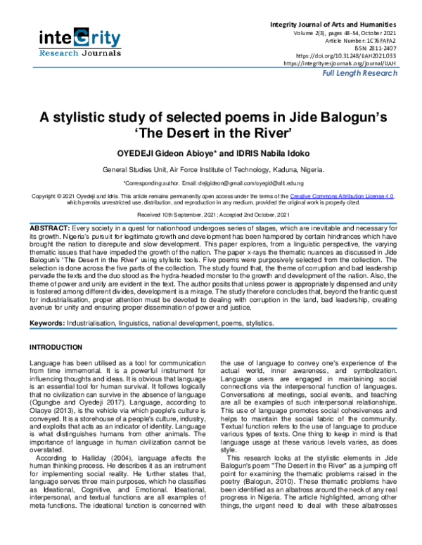 (PDF) A stylistic study of selected poems in Jide Balogun’s ‘The Desert ...