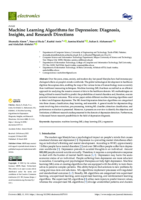 (PDF) Machine Learning Algorithms for Depression: Diagnosis, Insights, and Research Directions