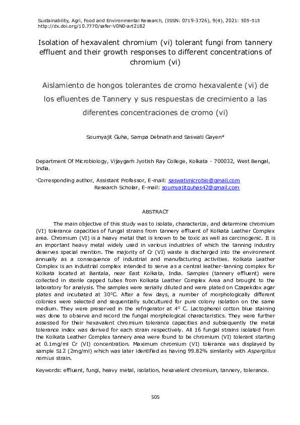 (PDF) Isolation of hexavalent chromium (VI) tolerant fungi from tannery ...
