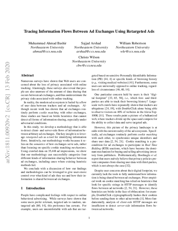 (PDF) Tracing Information Flows Between Ad Exchanges Using Retargeted Ads
