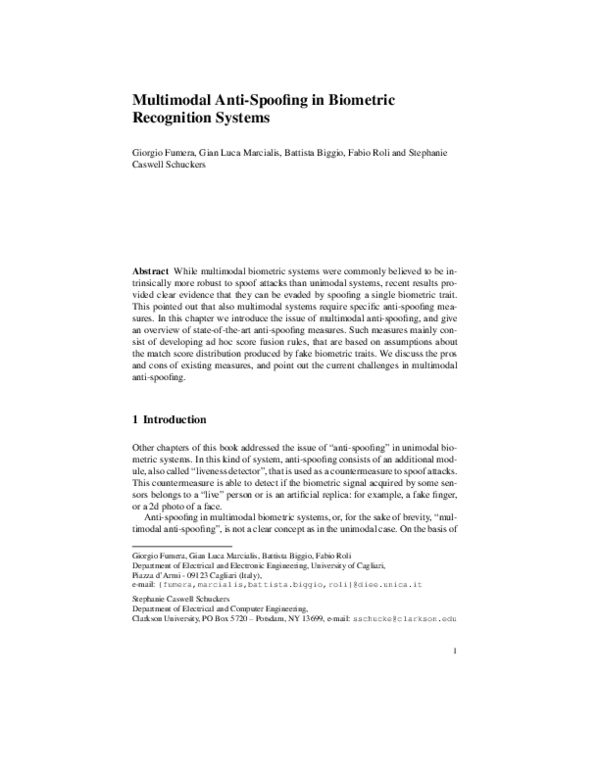 Pdf Multimodal Anti Spoofing In Biometric Recognition Systems