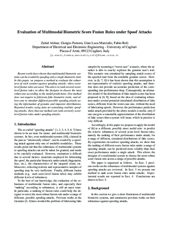 Pdf Evaluation Of Multimodal Biometric Score Fusion Rules Under Spoof Attacks