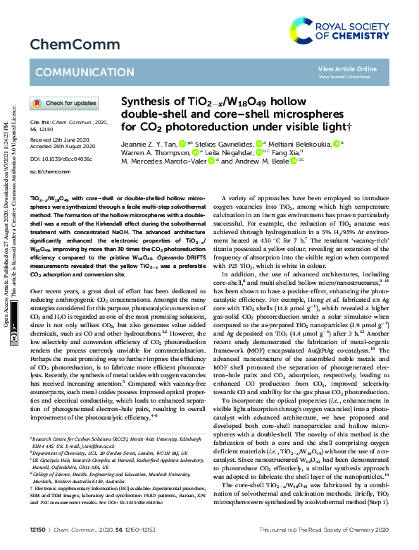 (PDF) Synthesis of TiO2−x/W18O49 hollow double-shell and core–shell microspheres for CO2 ...